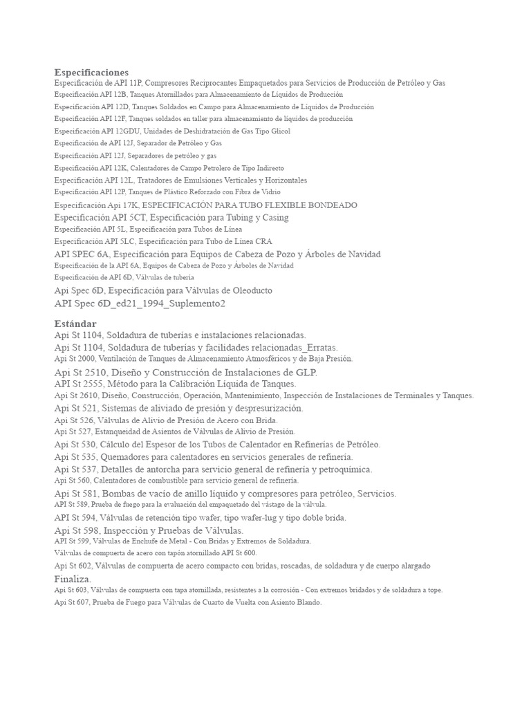 Especificaciones y Estándares de API | PDF | Bomba | Petróleo