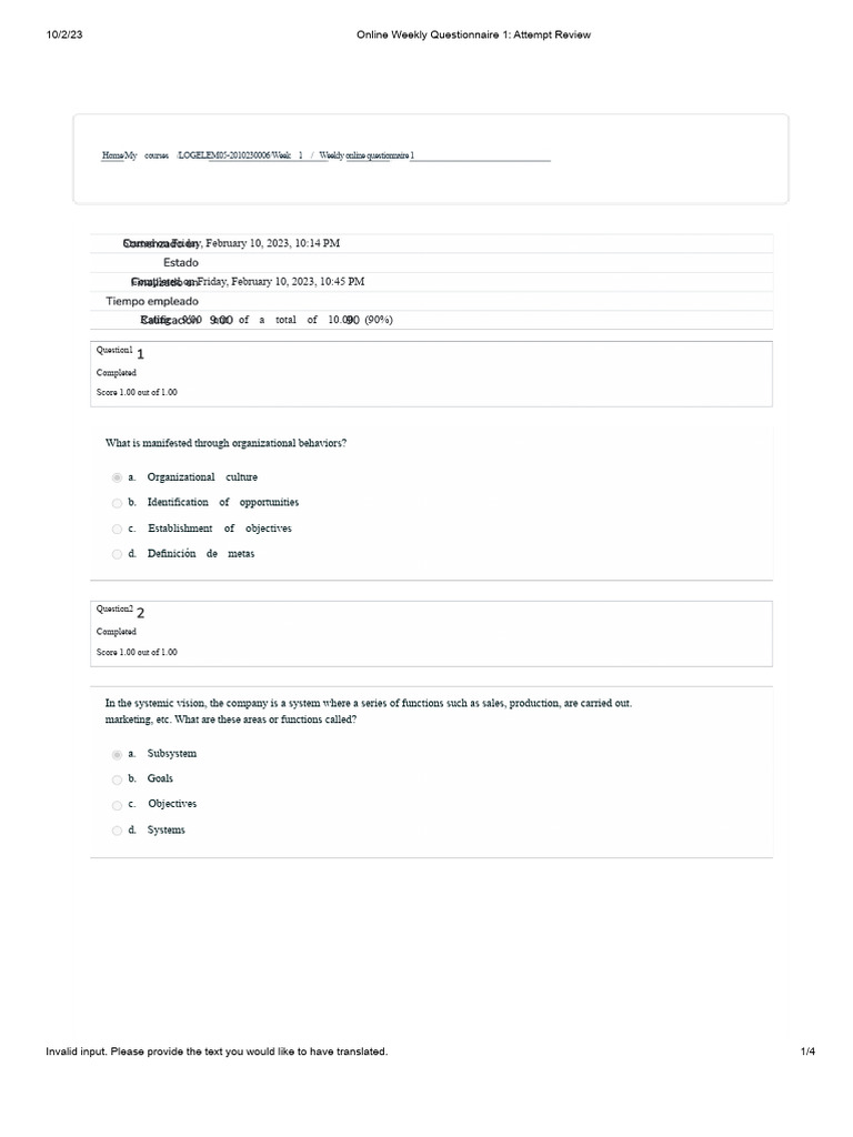 Weekly Online Questionnaire 1 - Review of The Attempt | PDF | System ...