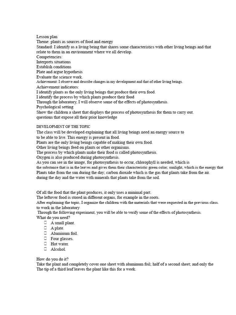 Photosynthesis Lesson Plan | PDF | Photosynthesis | Plants