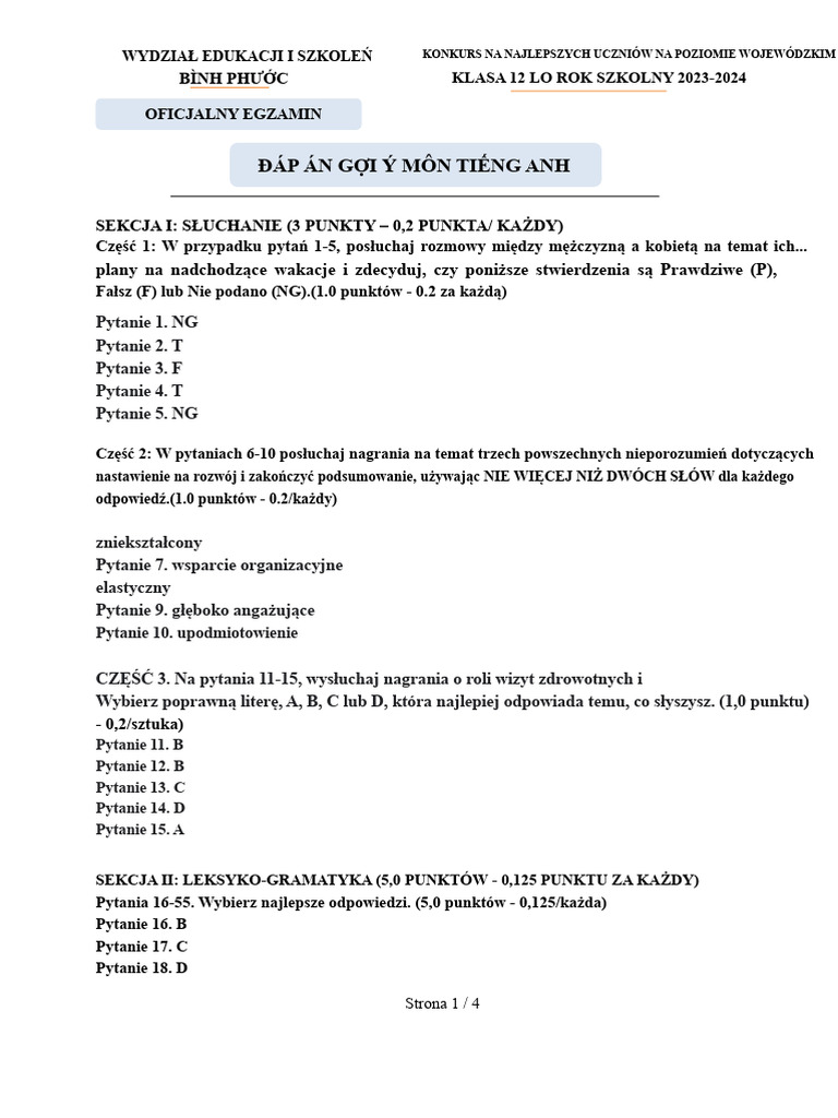 Dap An de Thi Chinh Thuc HSG Tinh Binh Phuoc 2023 2024 | PDF