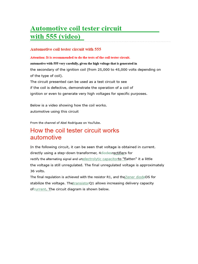 Automotive Coil Tester Circuit With 555 | PDF