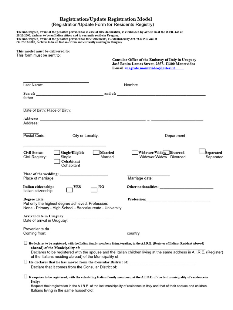 Italian Residency Registration Form | PDF | Identity Document ...