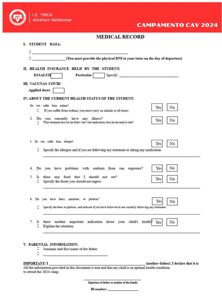 Student Medical Record for Camp 2024 | PDF | Allergy