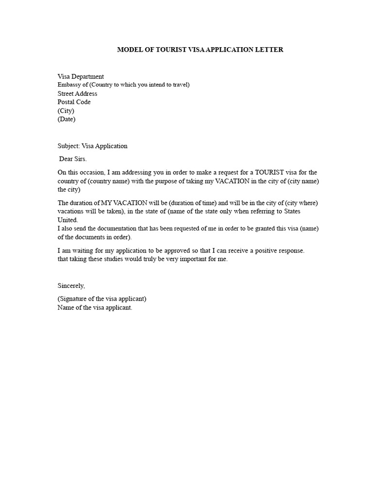 Tourist Visa Application Letter Template | PDF