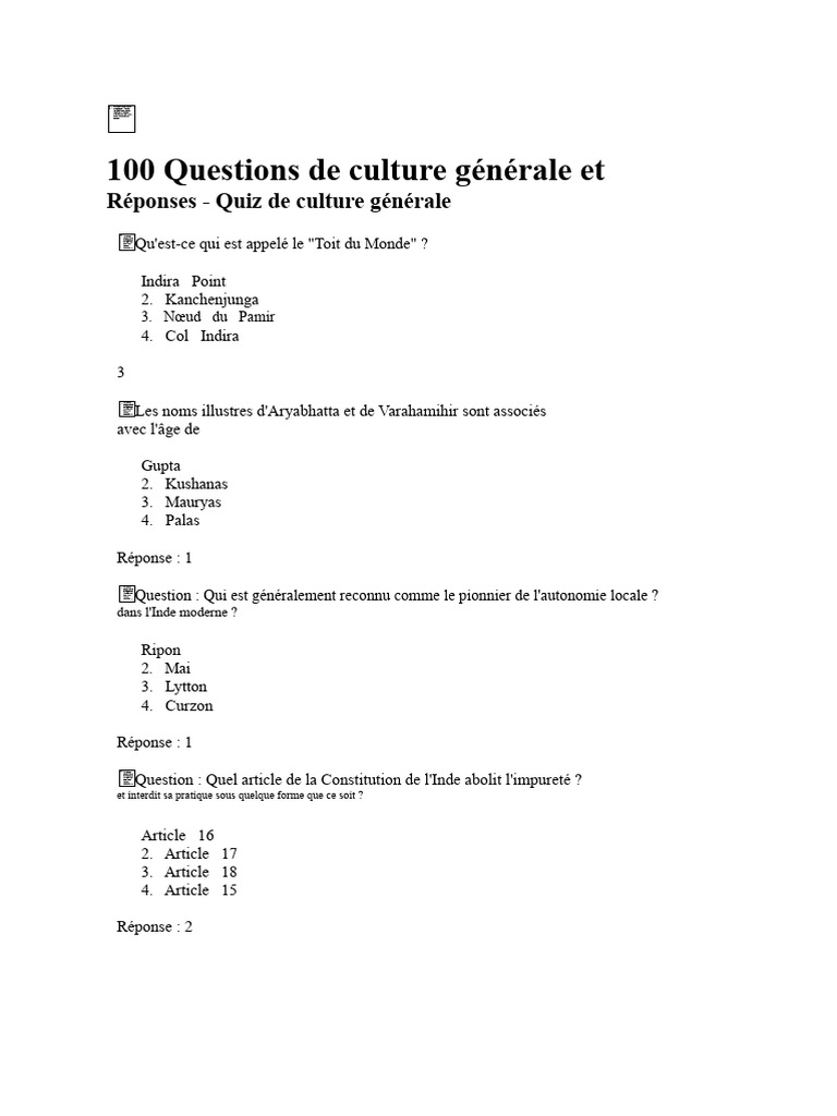 Quiz de culture générale : 100 questions | PDF | Chine | Politique mondiale