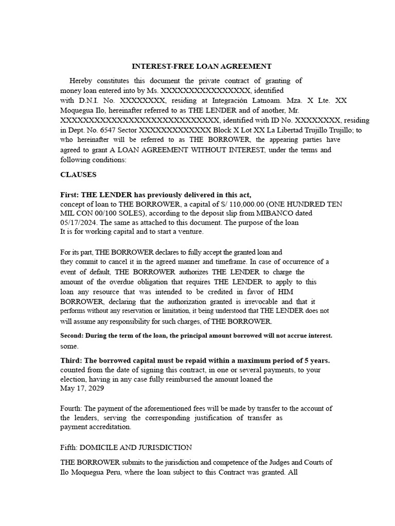 Interest-Free Loan Agreement Template | PDF | Loans | Interest