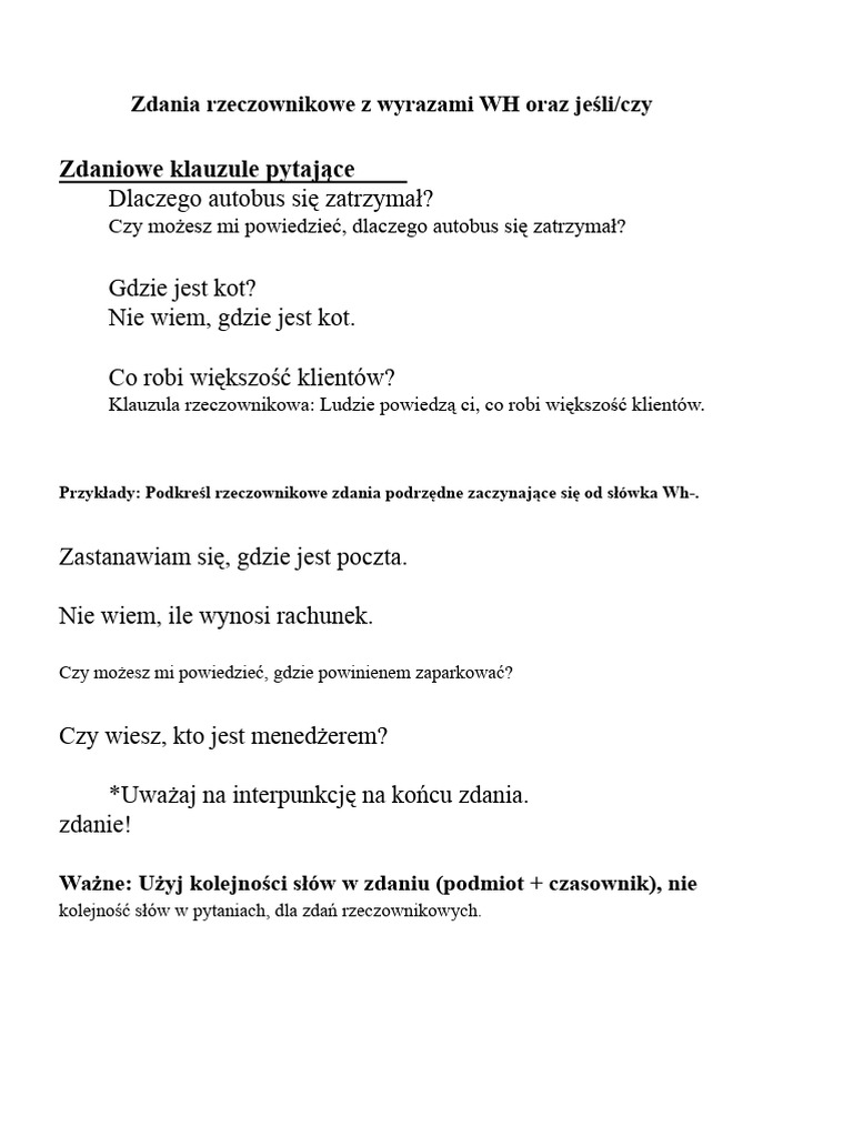 Zdania Rzeczownikowe Z Zaimkami Pytającymi | PDF