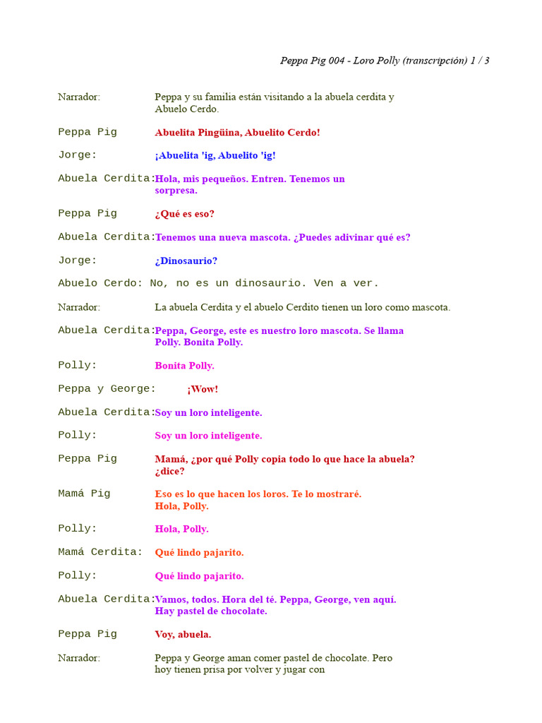 Peppa Pig 004 - Loro Polly (Transcripción) | PDF