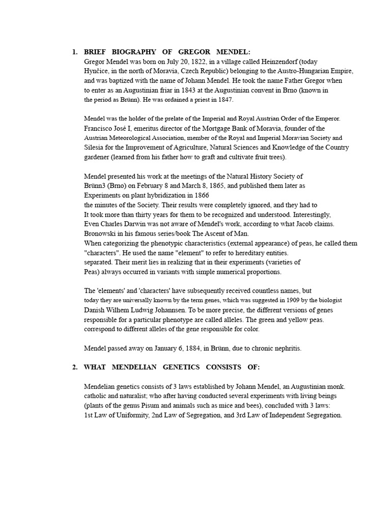 Brief Biography of Gregor Mendel | PDF | Dominance (Genetics) | Genotype