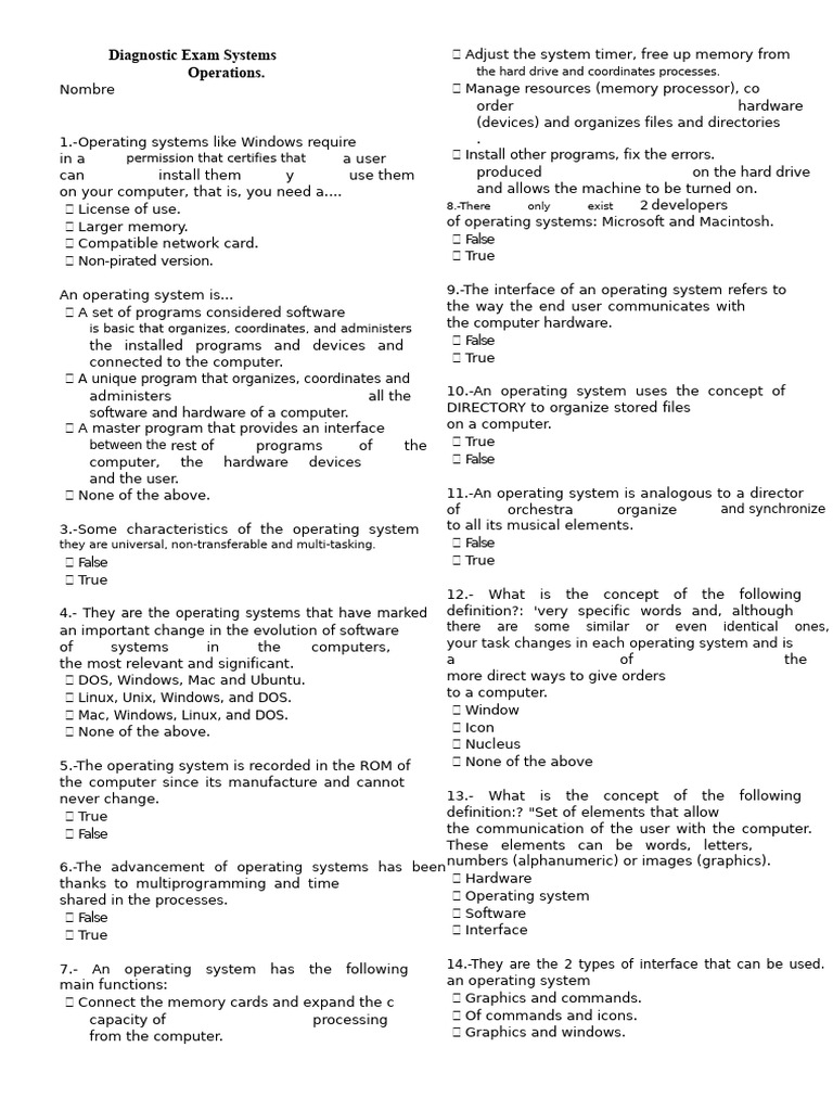 Diagnostic Exam Operating Systems | PDF | Operating System ...
