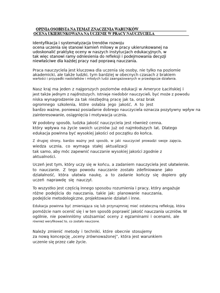 Osobista Opinia Na Temat Znaczenia Oceny | PDF