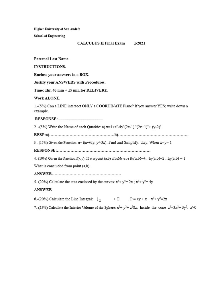 UMSA Calculus II (Final Exam 2021) | PDF