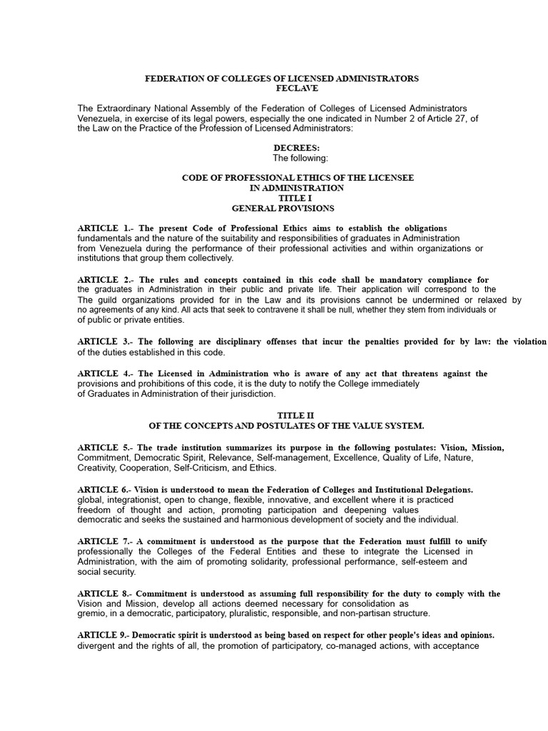 Code of Professional Ethics For The Bachelor in Administration | PDF ...