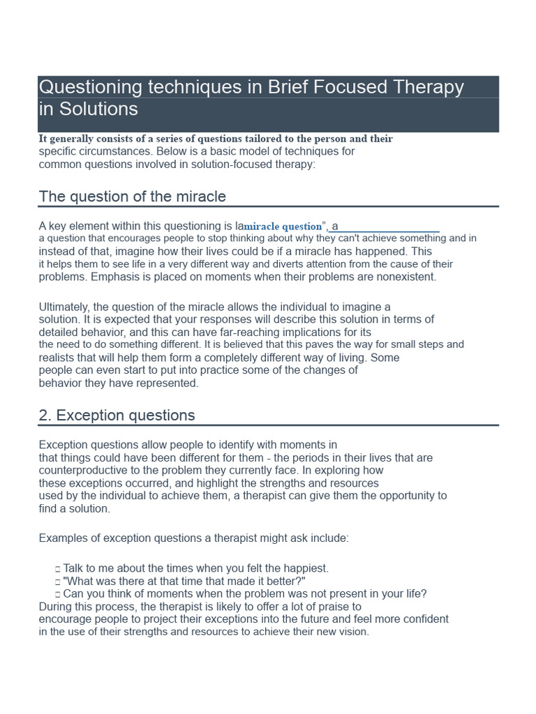 Solution-Focused Therapy Techniques | PDF | Psychological Concepts ...