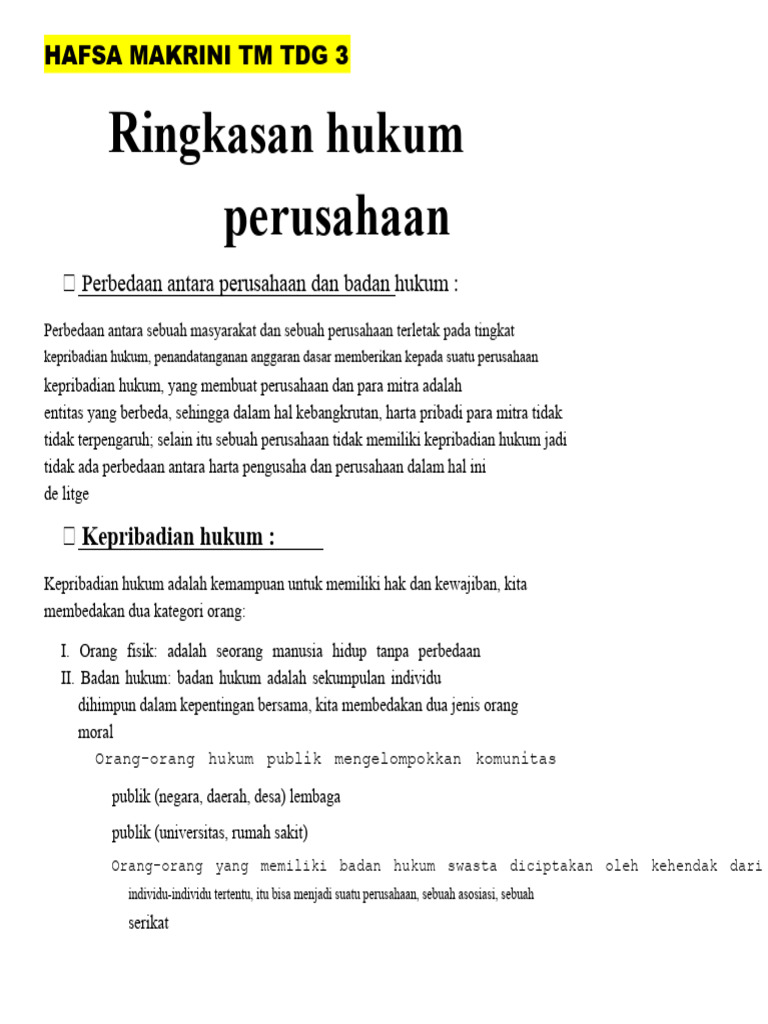 Perbedaan Perusahaan dan Badan Hukum | PDF