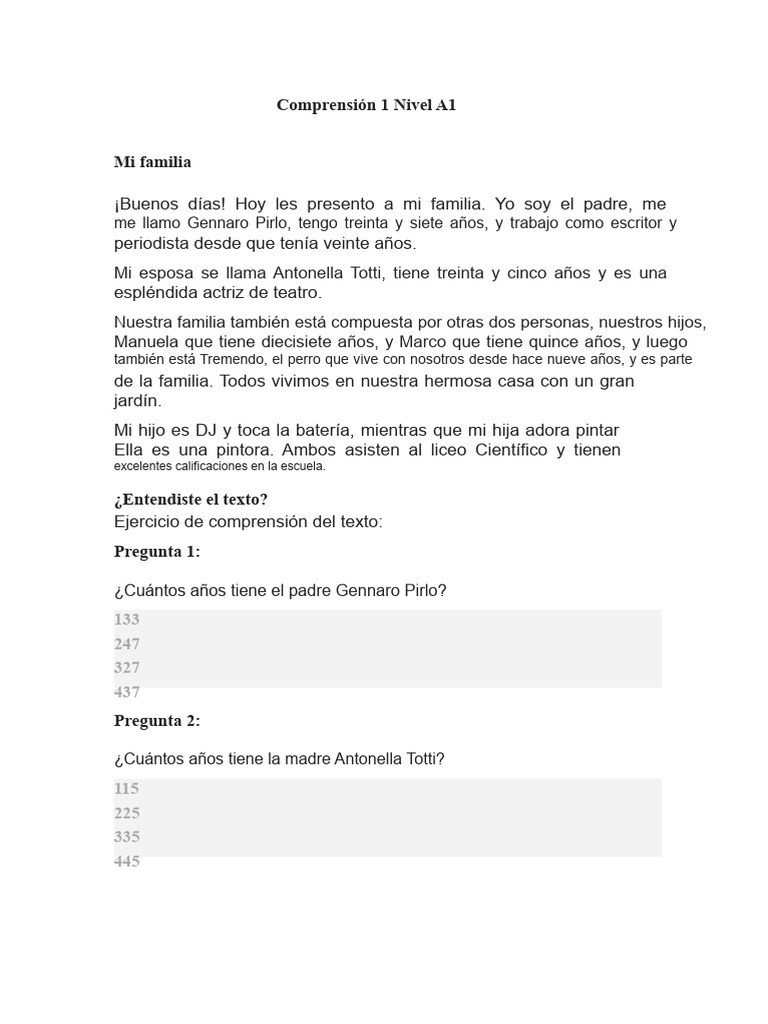 Mi Familia: Ejercicio de Comprensión A1 | PDF