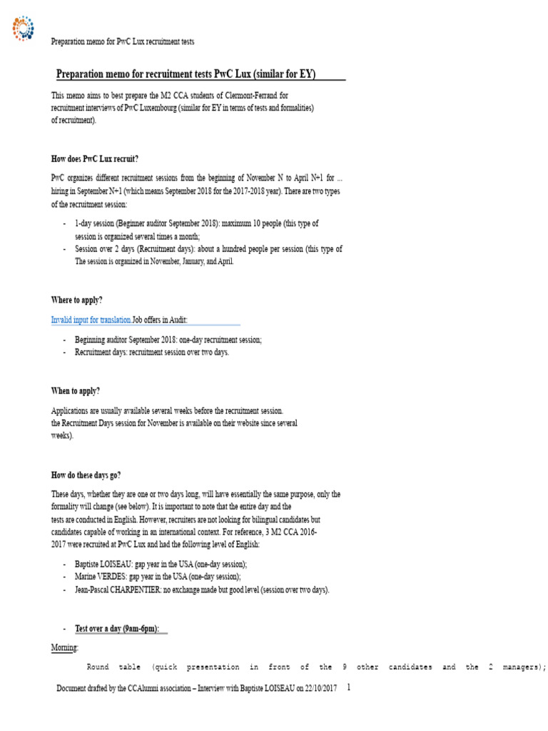Preparation Memo For The Recruitment Tests of PWC Lux | PDF | Cost Of ...