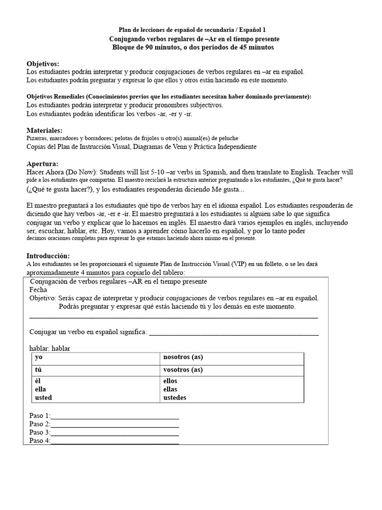 Plan de Lección de Muestra - Conjugación de Verbos Regulares AR en ...