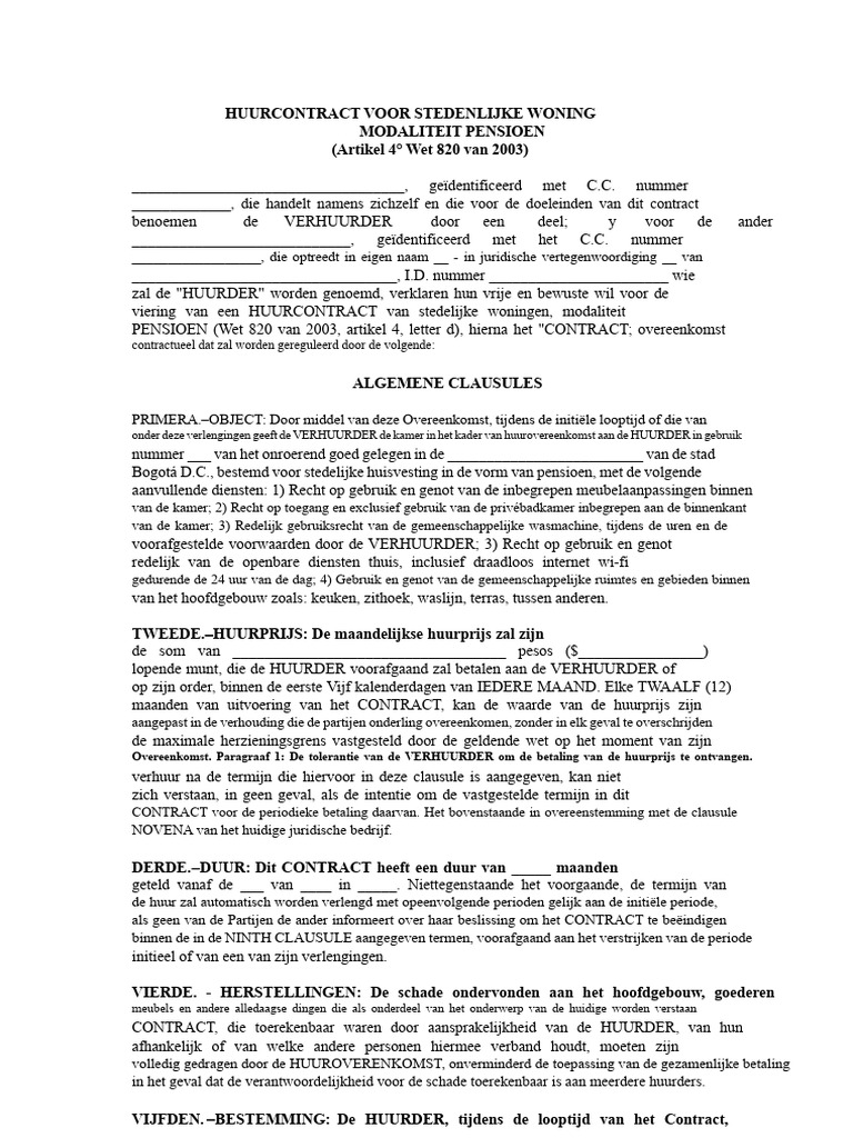 Huurcontract Voor Stedelijke Woning - Pensionswijze - Sanctieclausule | PDF