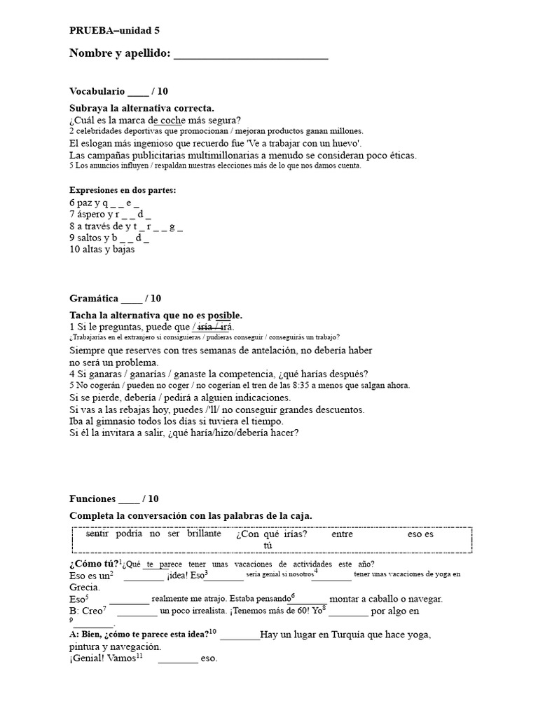 Prueba de Vocabulario y Gramática | PDF