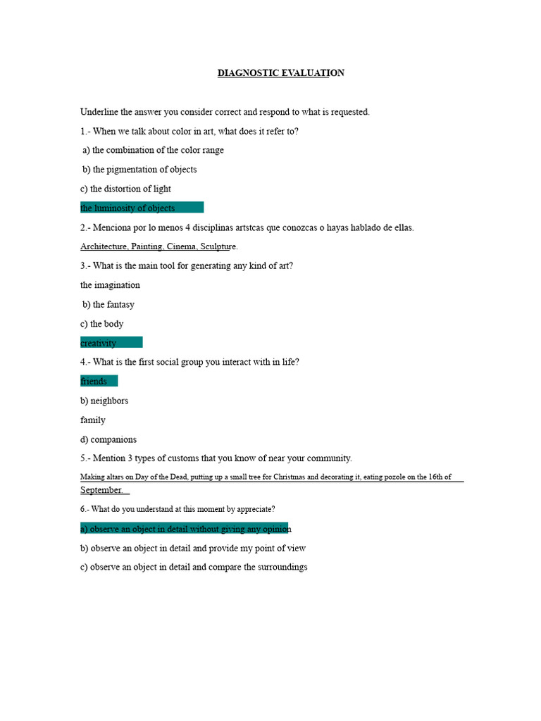 Diagnostic Assessment Art and Aesthetics BTDC | PDF