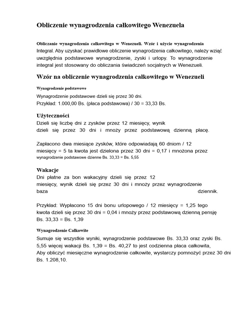 Obliczanie Wynagrodzenia Całkowitego Wenezuela | PDF