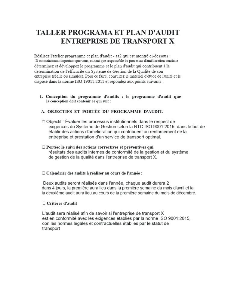 Programme et Plan d'Audit ISO 9001:2015 | PDF | Audit | Système de ...
