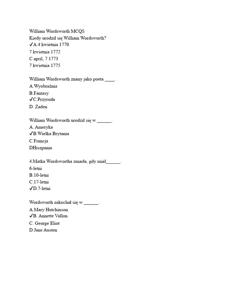 William Wordsworth MCQS | PDF