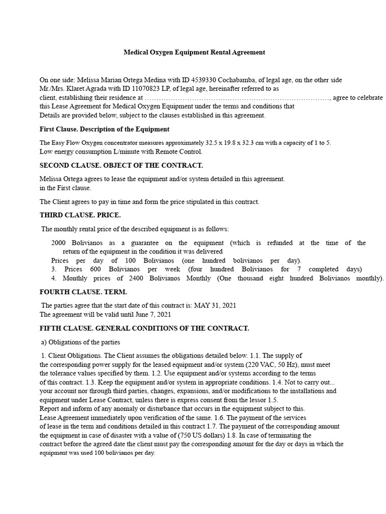 Example Oxygen Medical Equipment Rental Contract | PDF | Lease ...