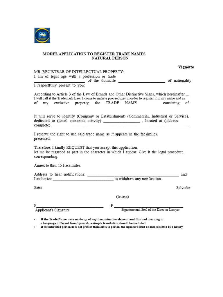 Trade Name Registration Application Form | PDF | Trademark | Notary Public