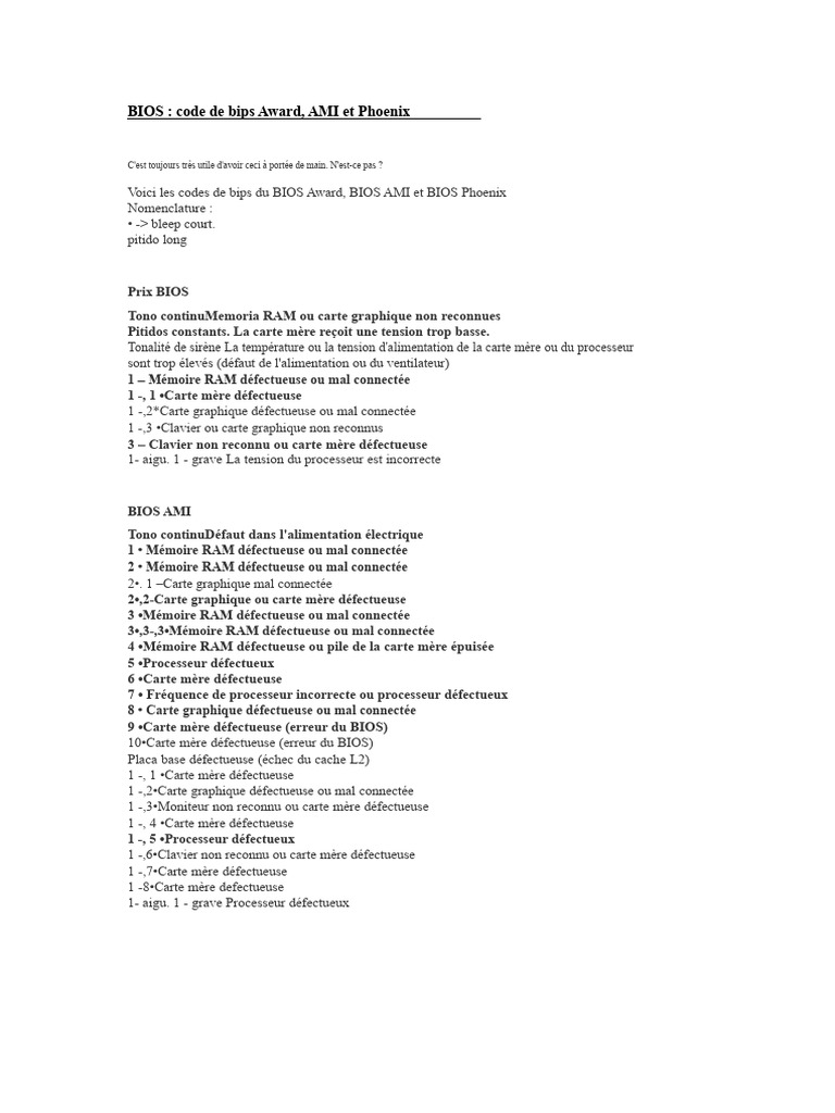 Codes de bips BIOS : Award, AMI, Phoenix | PDF | Bios | Micro-informatique