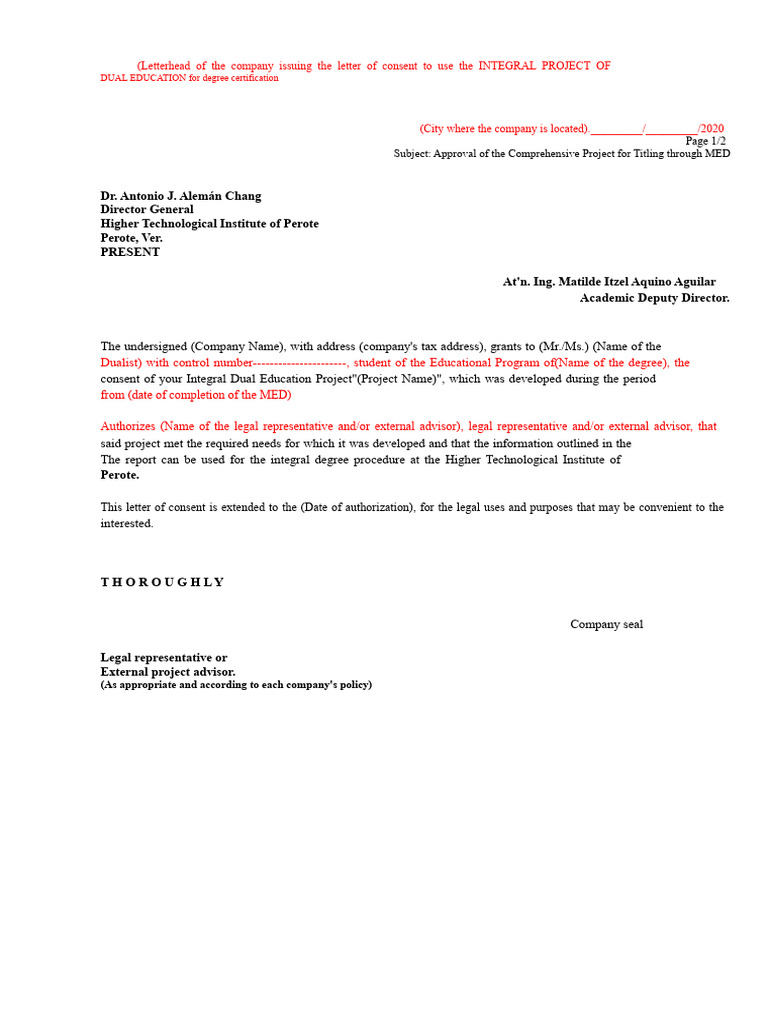 Consent Letter for Dual Education Project | PDF