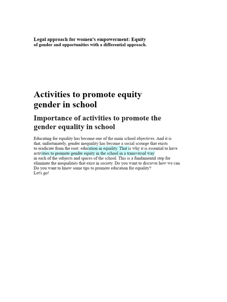Activities To Promote Gender Equality in School | PDF | Gender Studies ...
