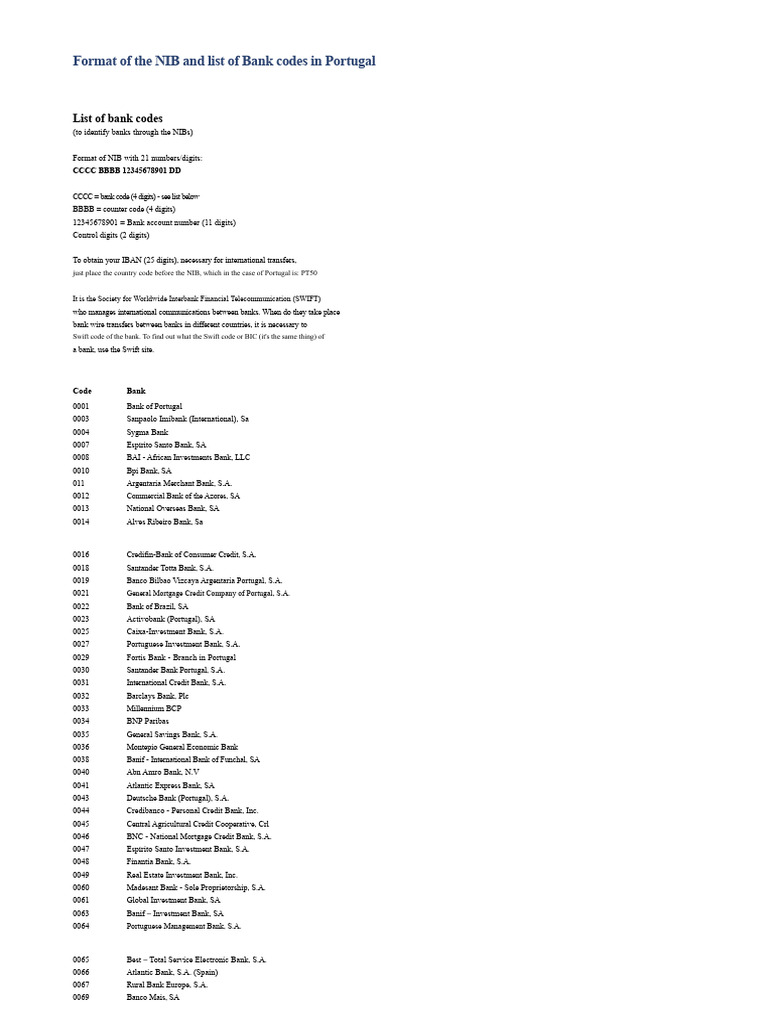 NIB and Bank Codes in Portugal | PDF | Institutional Investors ...