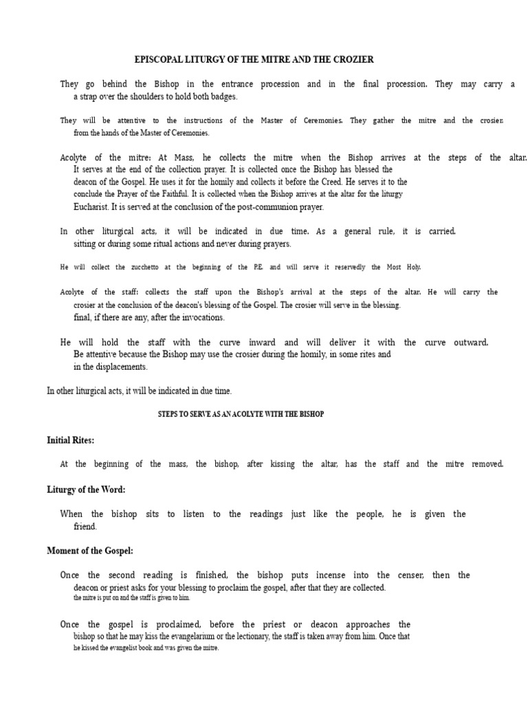 Episcopal Liturgy: Mitre and Staff Roles | PDF | Mass (Liturgy) | Bishop