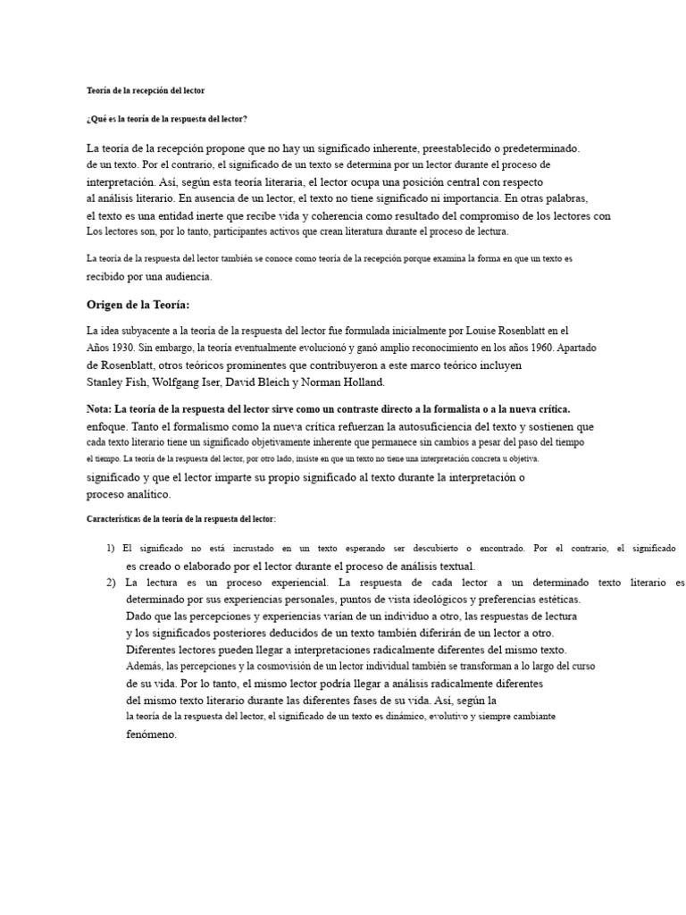 Notas Sobre La Teoría de La Respuesta Del Lector | PDF | Orgullo y ...