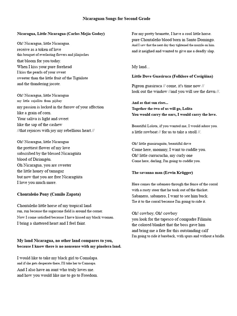 Nicaraguan Songs For Second Grade | PDF