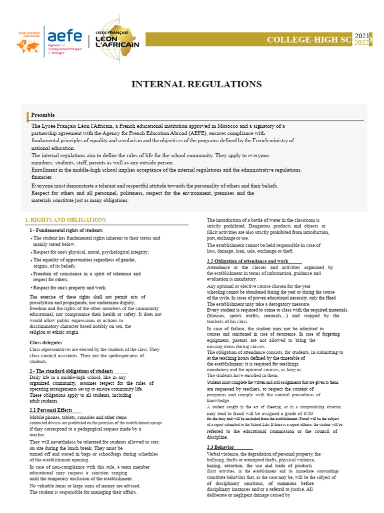16 D4d78972f181d81e Internal - Regulations - Col Lyc - 21 22 | PDF ...