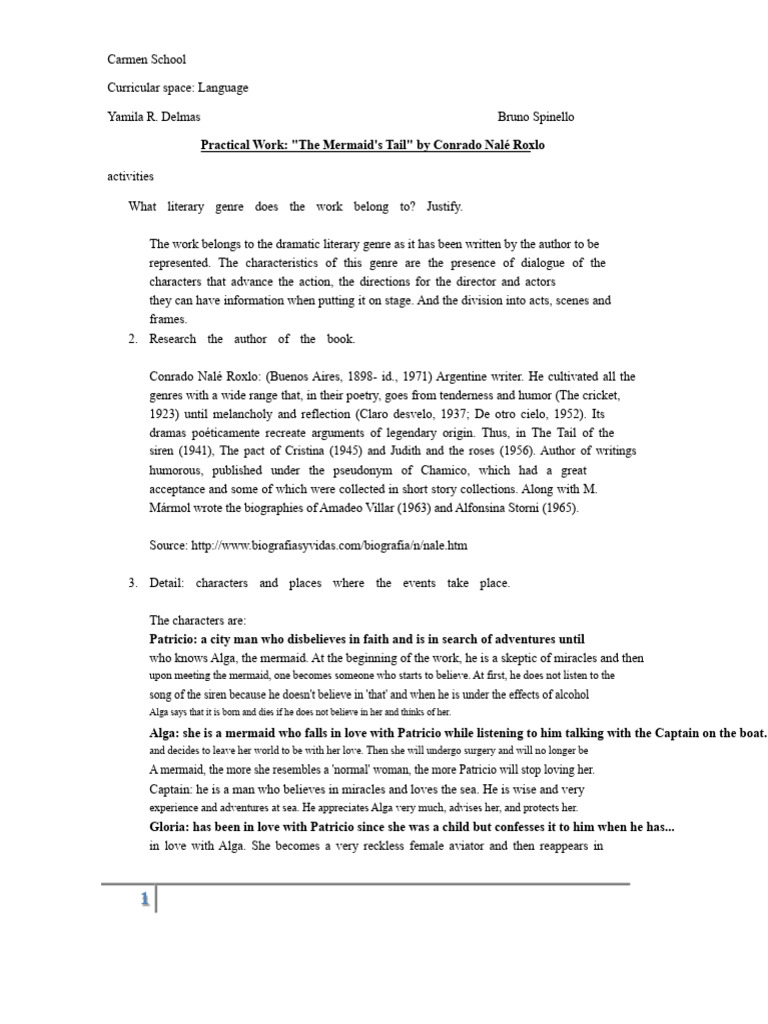 Practical Work The Mermaid's Tail by Conrado Nalé Roxlo | PDF | Mermaid
