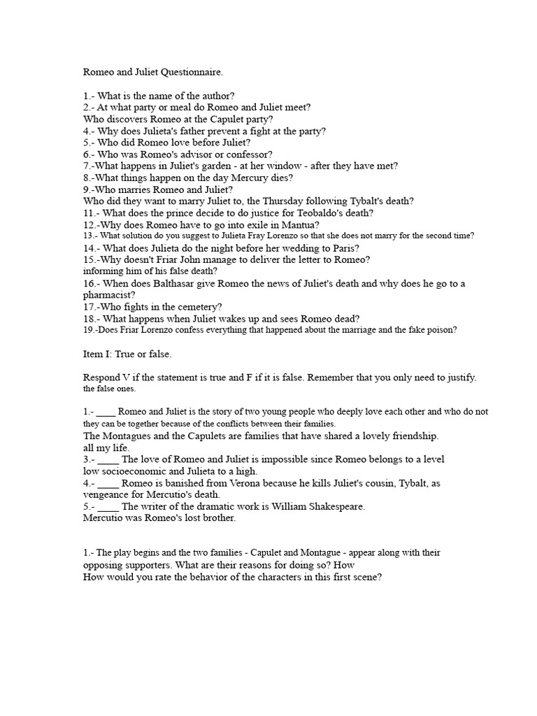 Romeo and Juliet Study Questionnaire | PDF