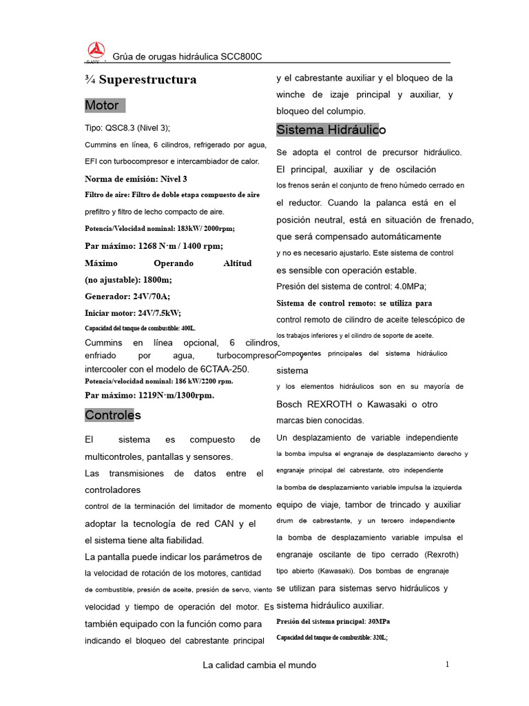 Grúa de Oruga Sany Tipo SCC 800 C | PDF | Bomba | Grúa (máquina)