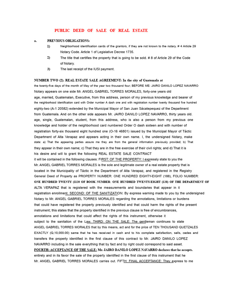 CONTRACT FOR THE SALE OF REAL ESTATE, PRIOR AND POSTERIOR OBLIGATIONS ...