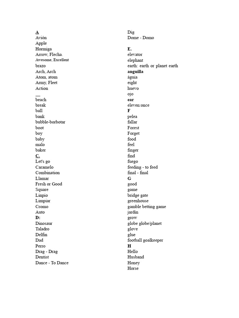 10 Words With Each Letter of The Alphabet in English and Spanish | PDF