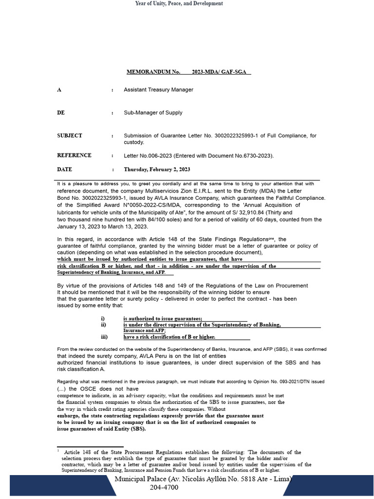 MEMO #-2023 REMITTANCE OF MULTISERVICES BOND LETTER For Custody | PDF ...