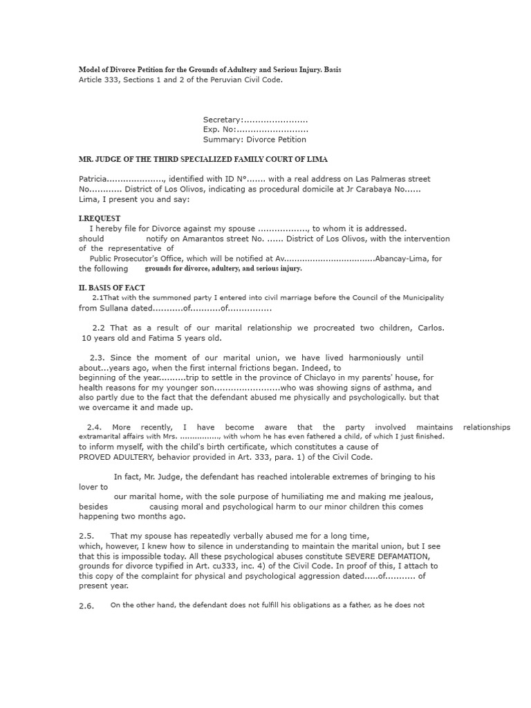 Divorce Petition for Adultery in Peru | PDF | Divorce | Marriage