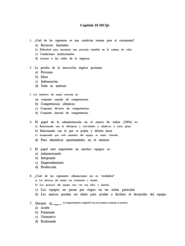 Capítulo 10 Preguntas de Opción Múltiple | PDF | Iniciativa empresarial | Economias