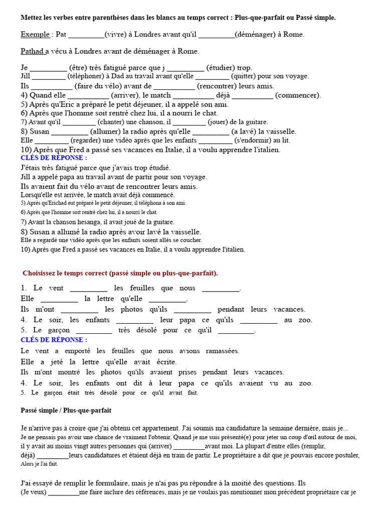 Exercices de conjugaison : Passé simple et Plus-que-parfait | PDF
