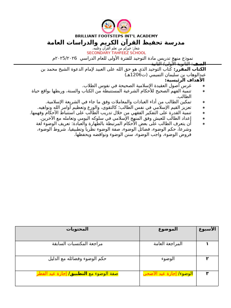 منهج التوحيد - Ss1 - 2 1st Tm 25-26 | PDF