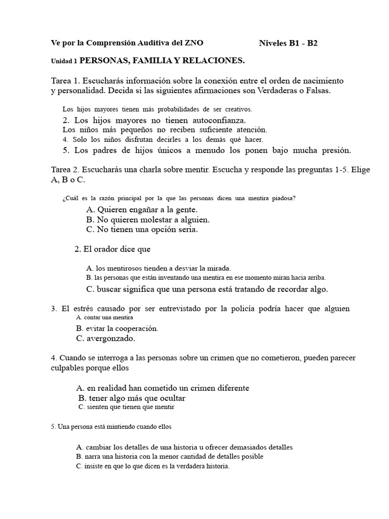 Comprensión Auditiva ZNO: Niveles B1-B2 | PDF | Mentira | Alimentos