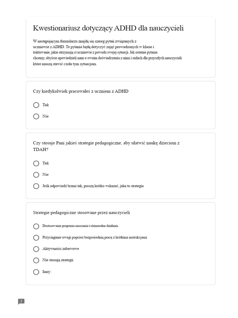 Kwestionariusz Na Temat ADHD Dla Nauczycieli | PDF